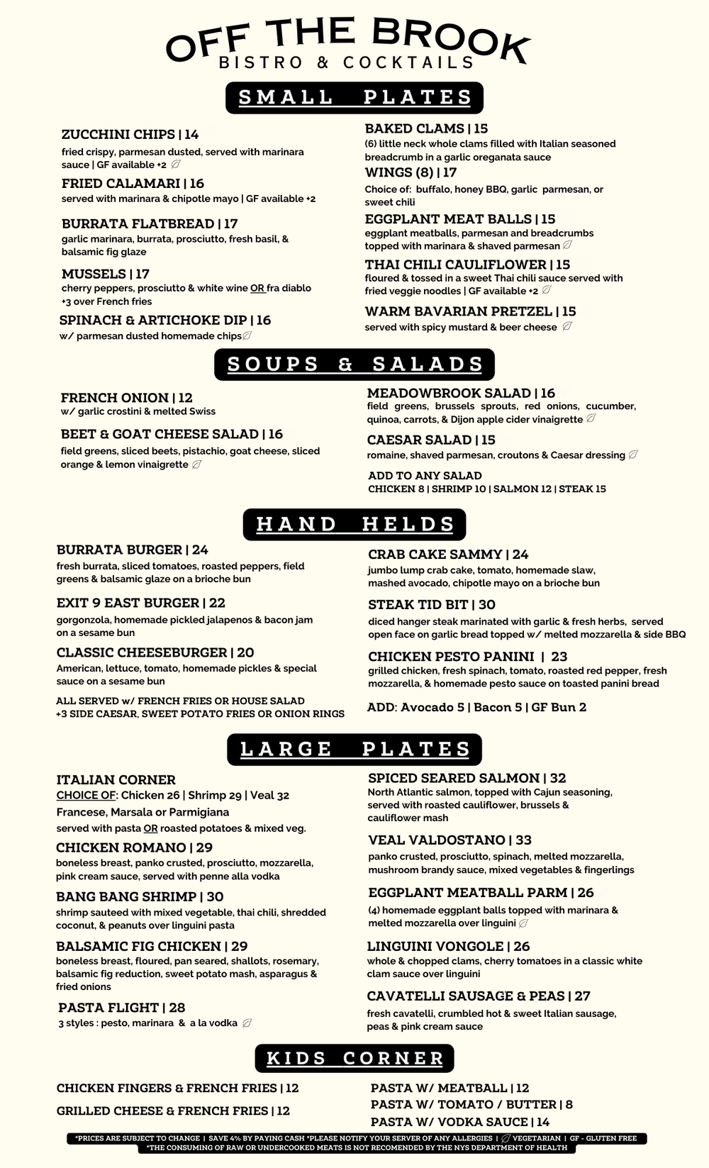 Off The Brook — Menu