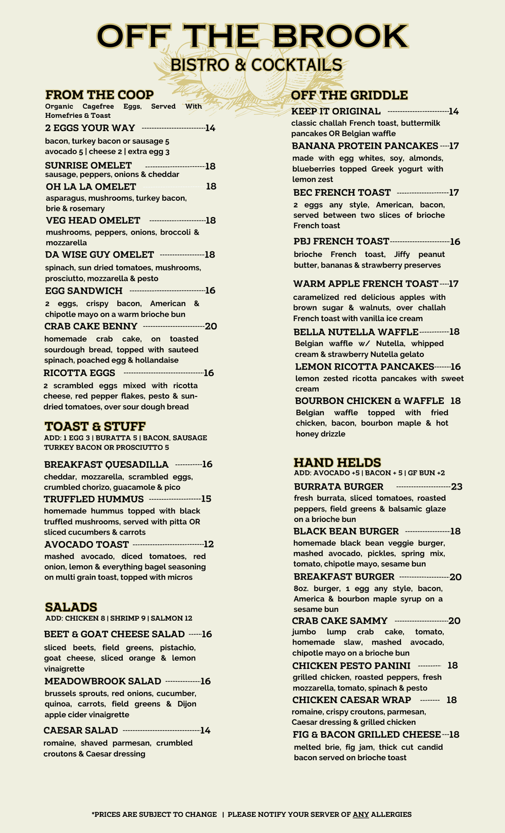 Off The Brook — Menu