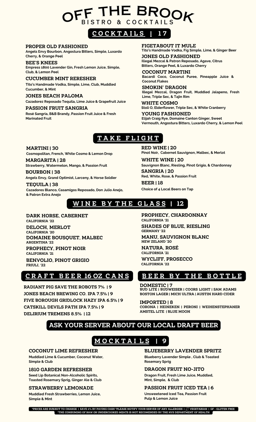 Off The Brook — Menu