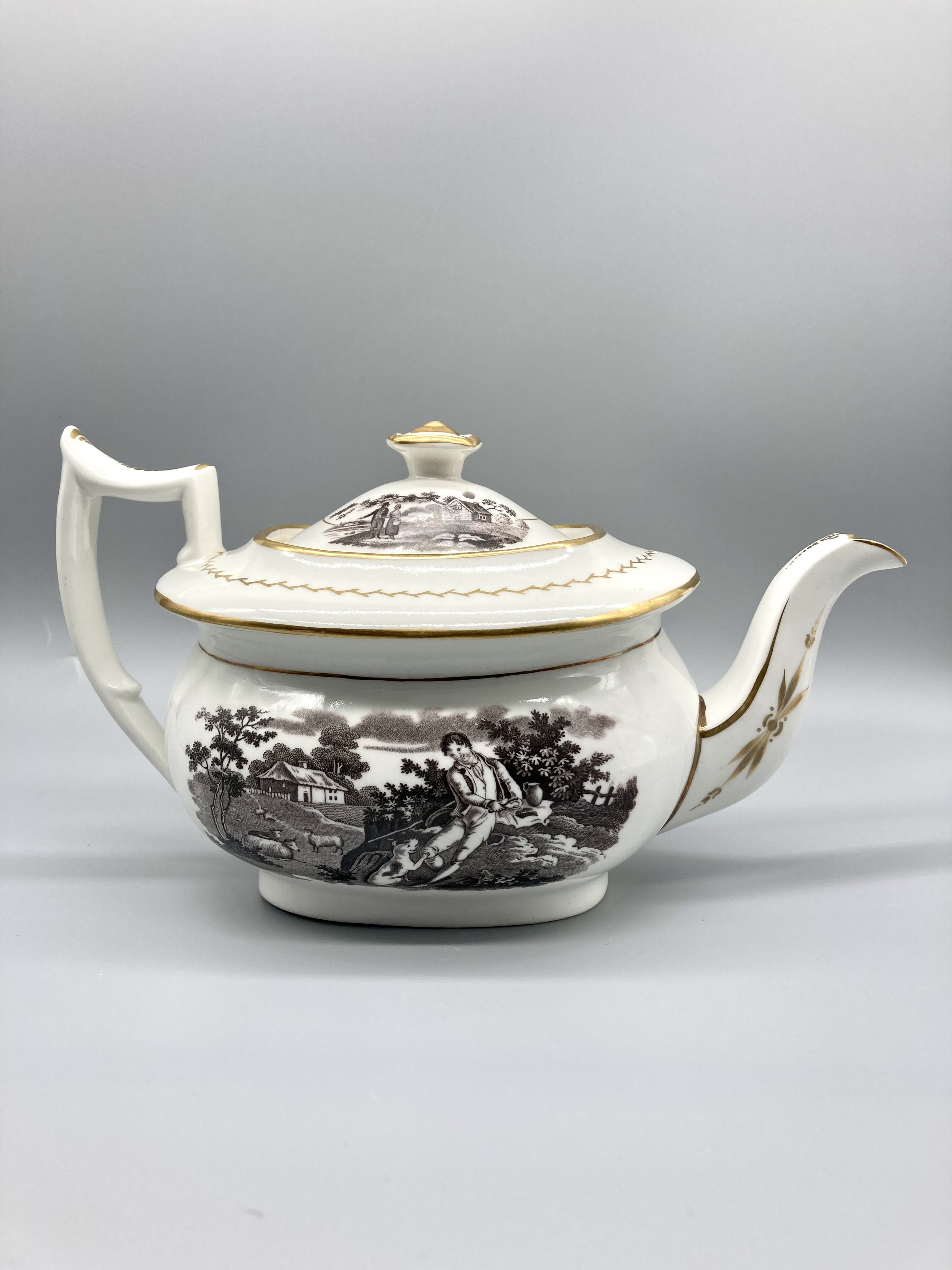 New Hall Porcelain Teapot, Boy in the Window Pattern 425, c1810