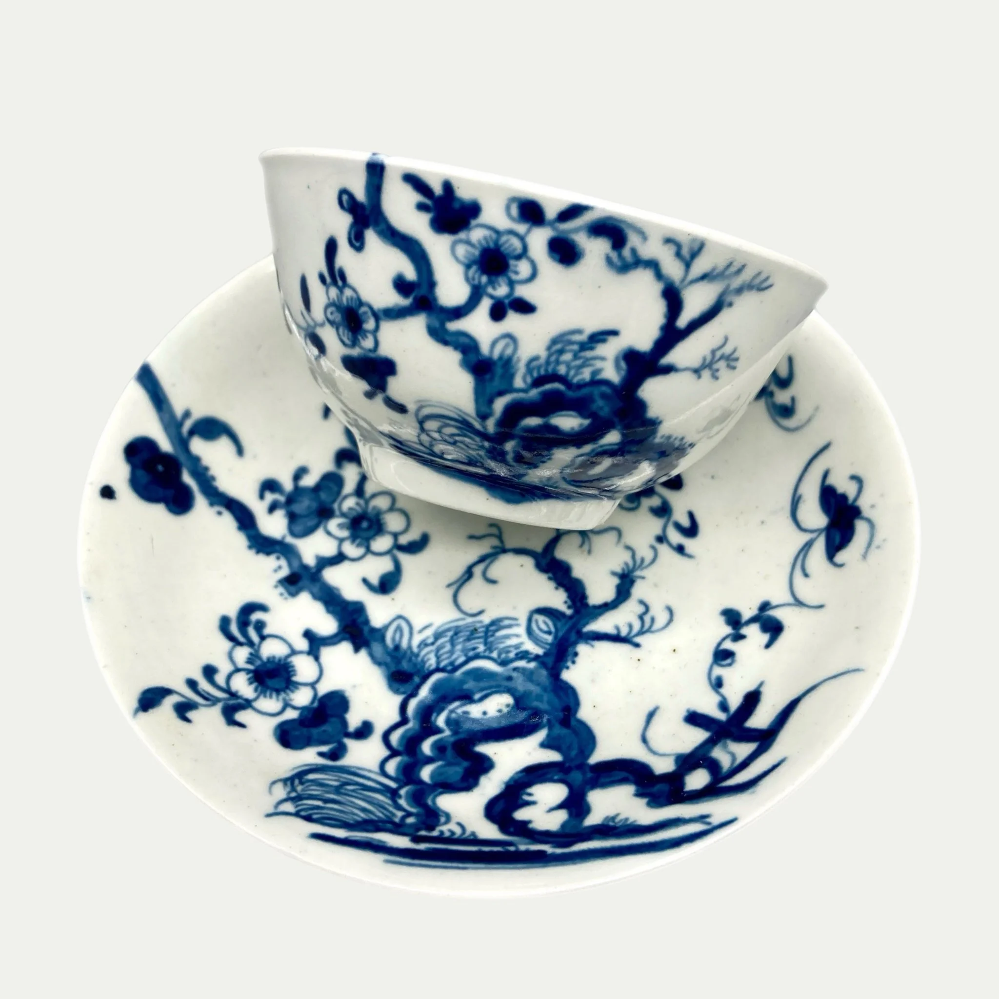 Early Worcester Porcelain Teabowl & Saucer, Fence Pattern, c.1770-80