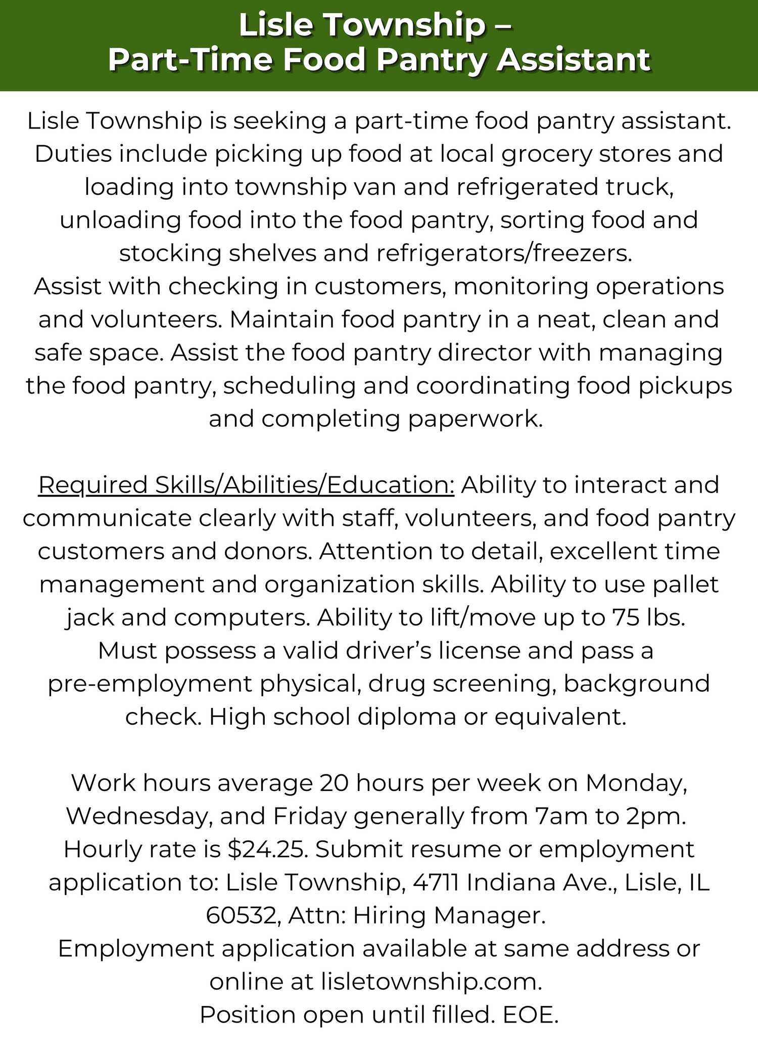Job Opportunities — Lisle Township