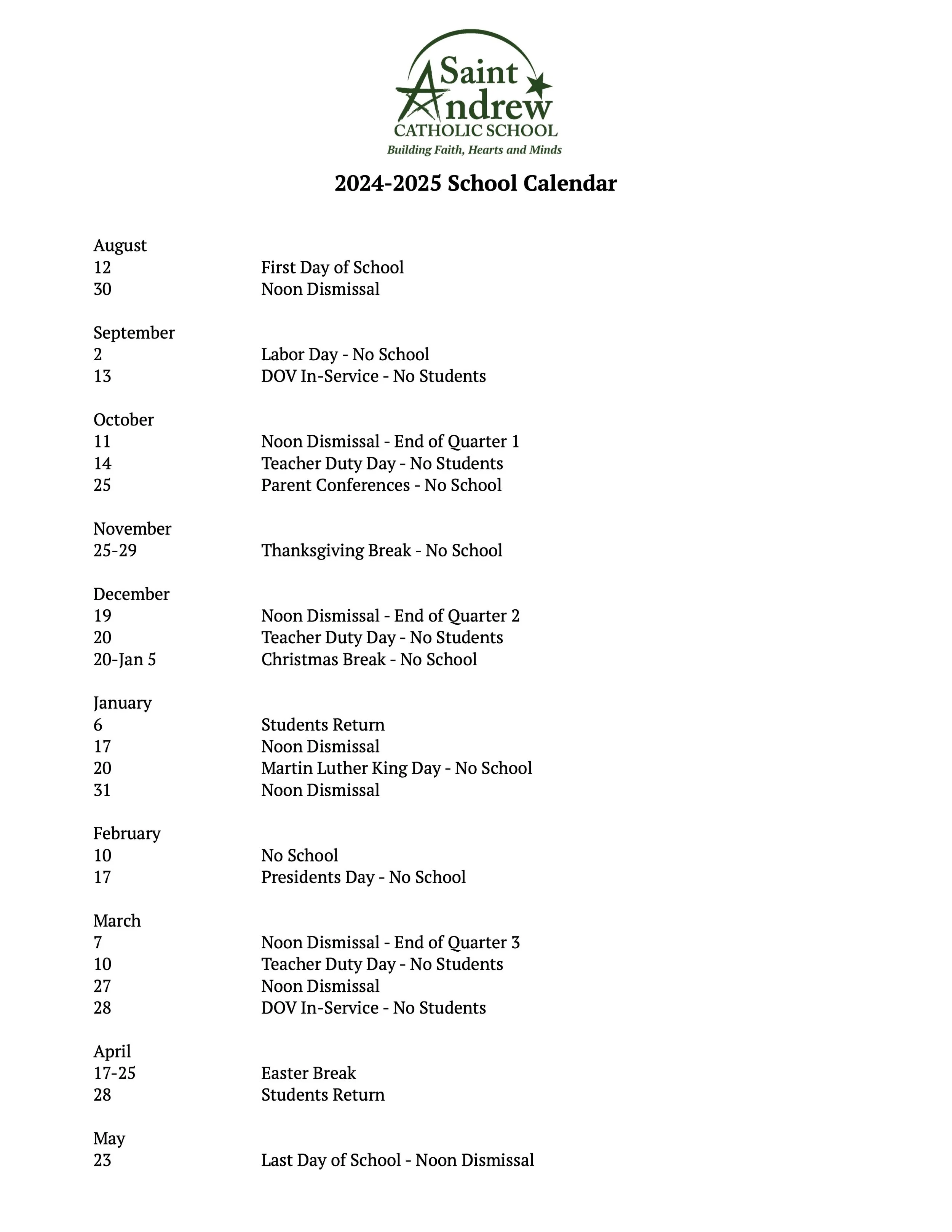 Calendar — St. Andrew Catholic School