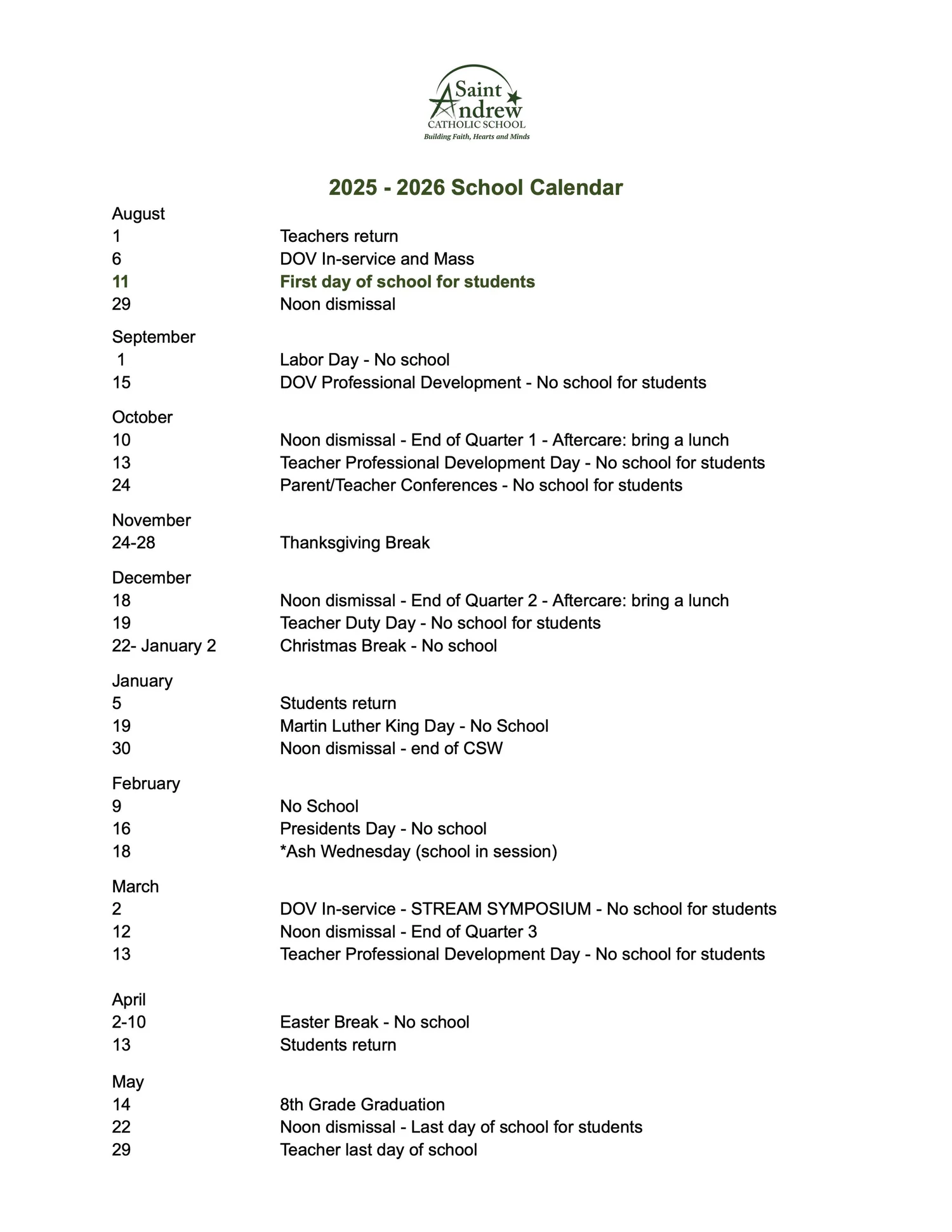 Calendar — St. Andrew Catholic School