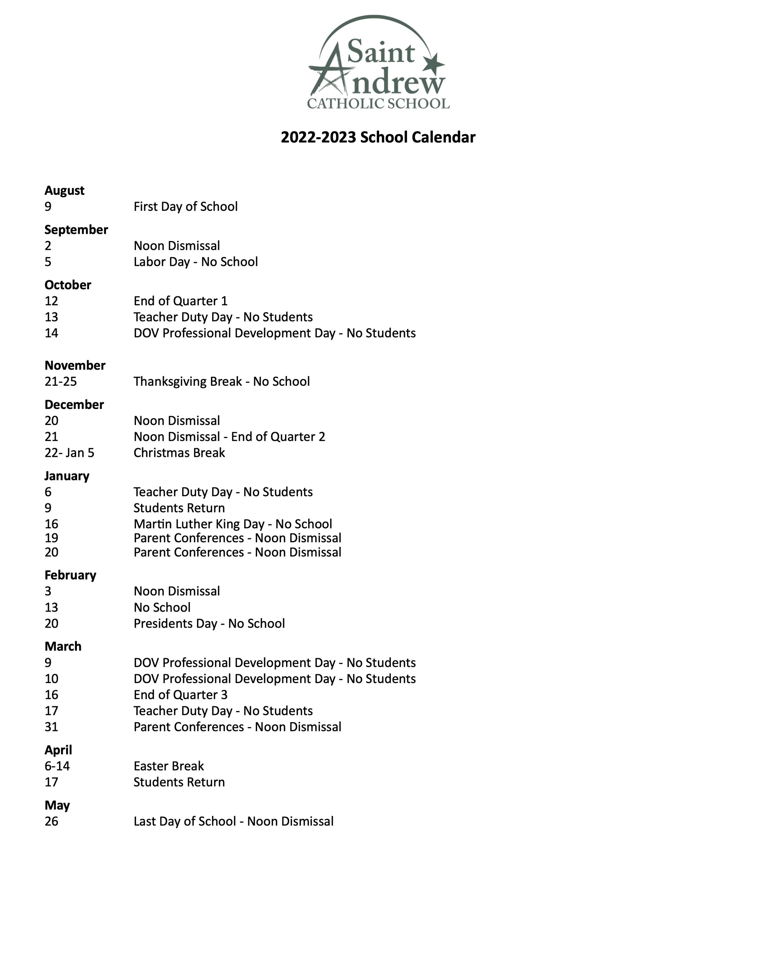 Calendar — St. Andrew Catholic School