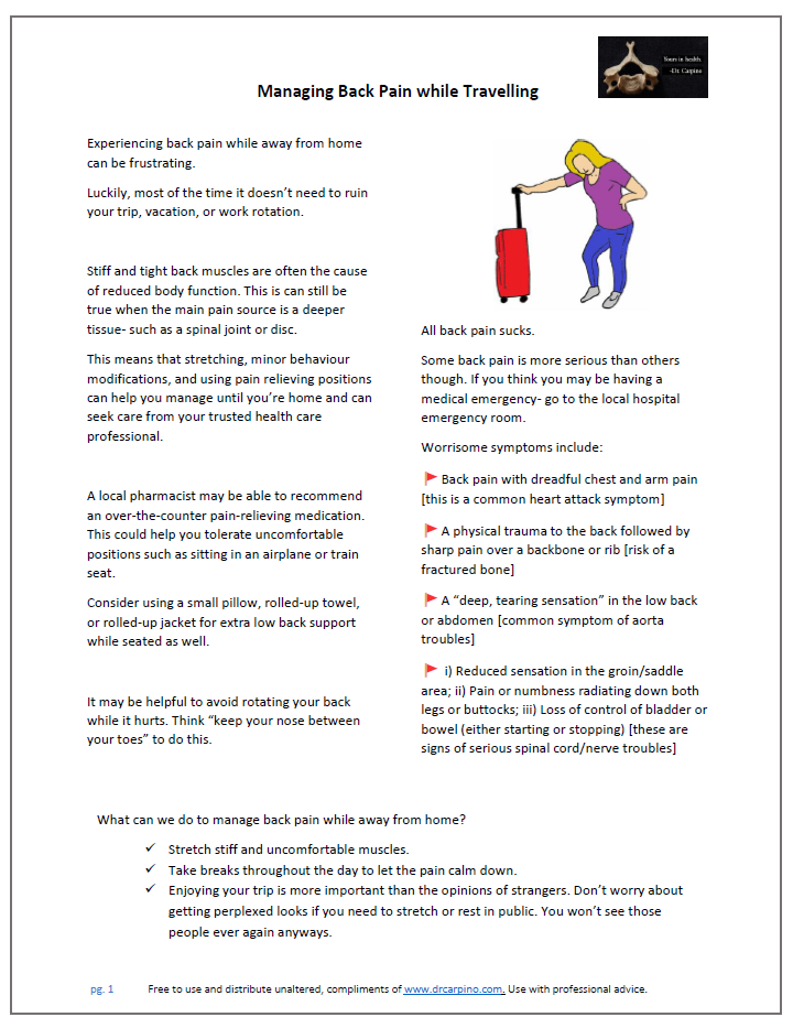 Managing back pain while travelling handout — DR. CARPINO