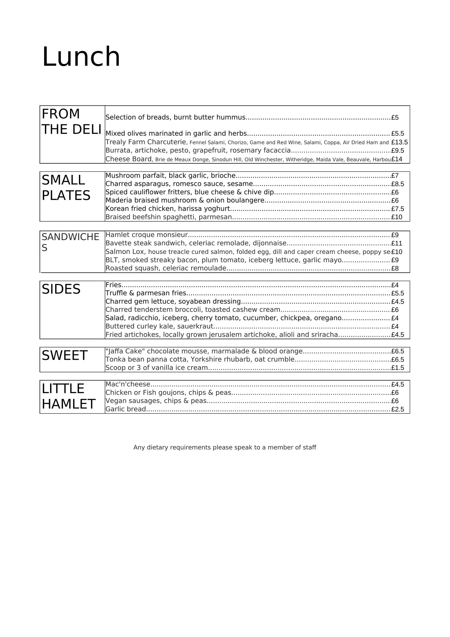 Lunch Menu — Hamlet Wokingham