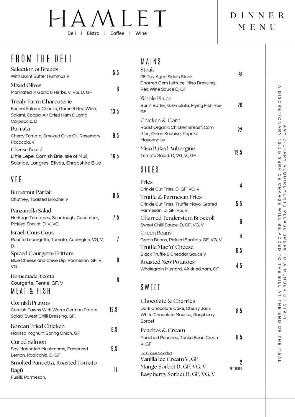 Dinner Menu — Hamlet Wokingham