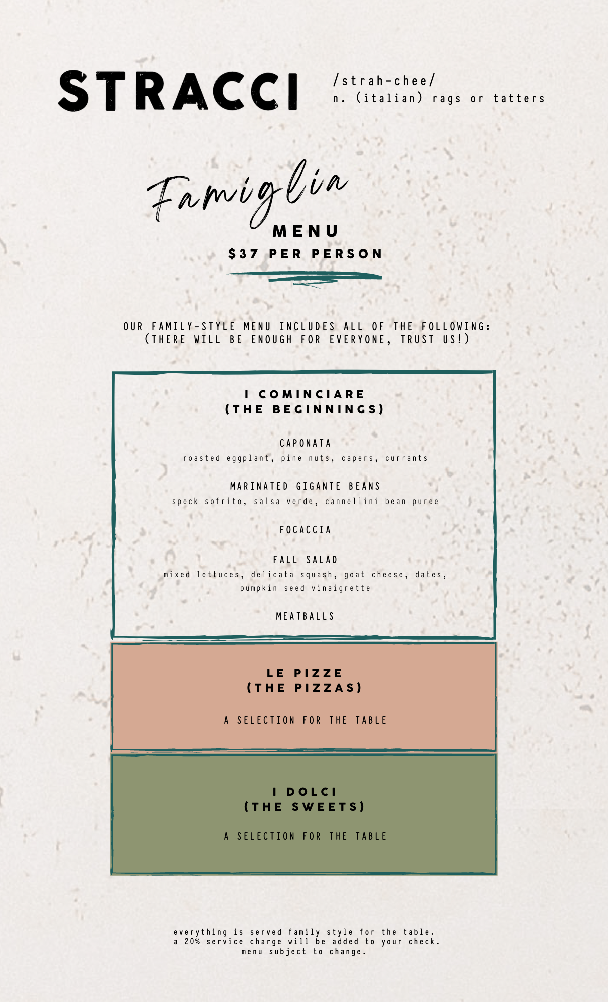 Famiglia Menu — Stracci Pizza