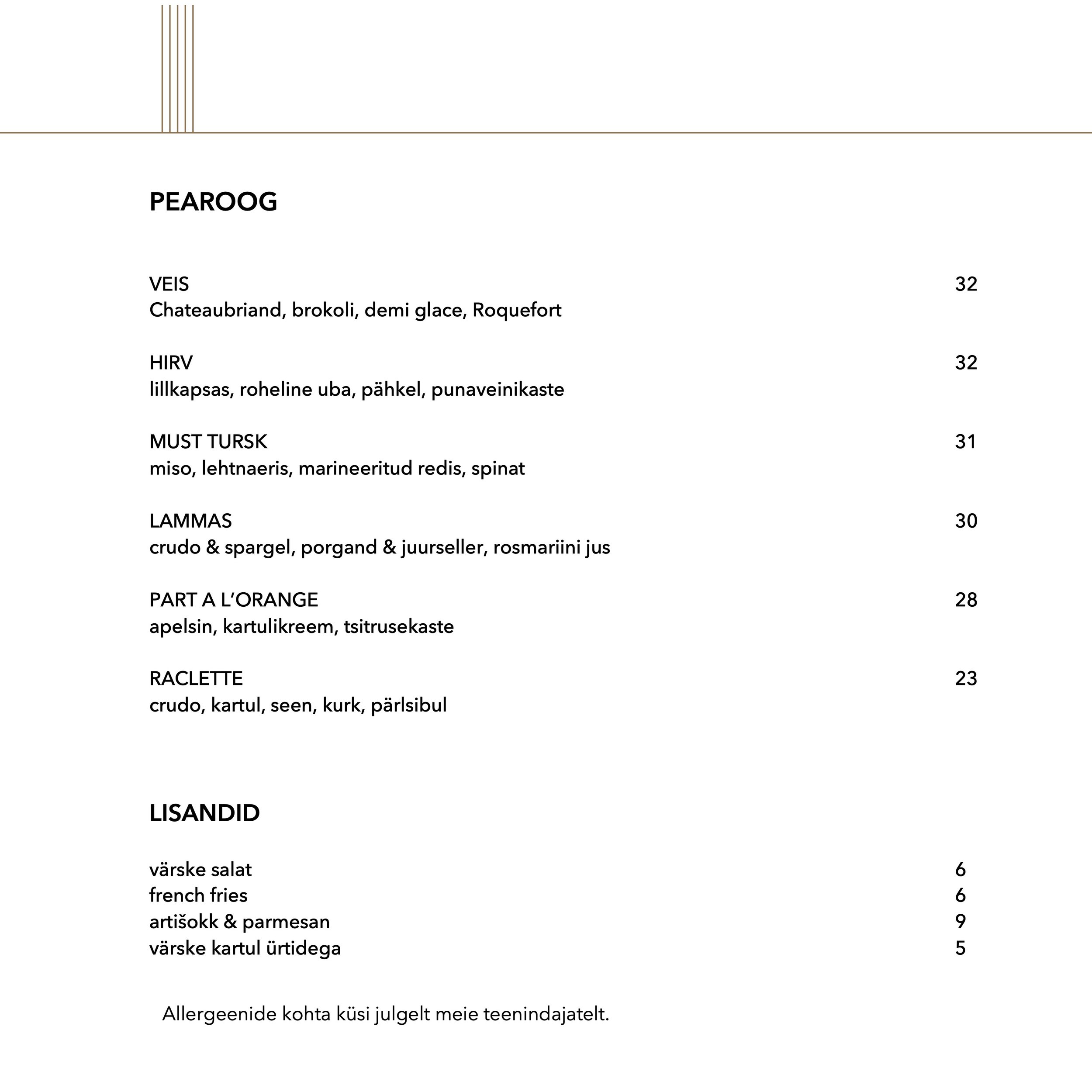 A'la carte menüü — Rudolf restoran