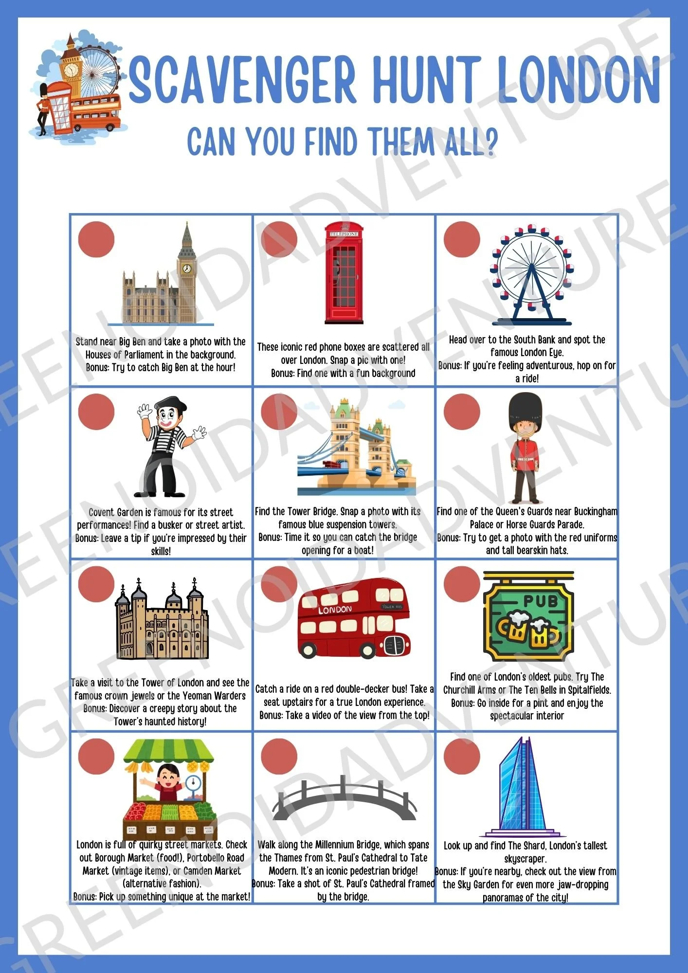 FREE LONDON SCAVENGER HUNT PRINTABLE — Greenoid Adventure
