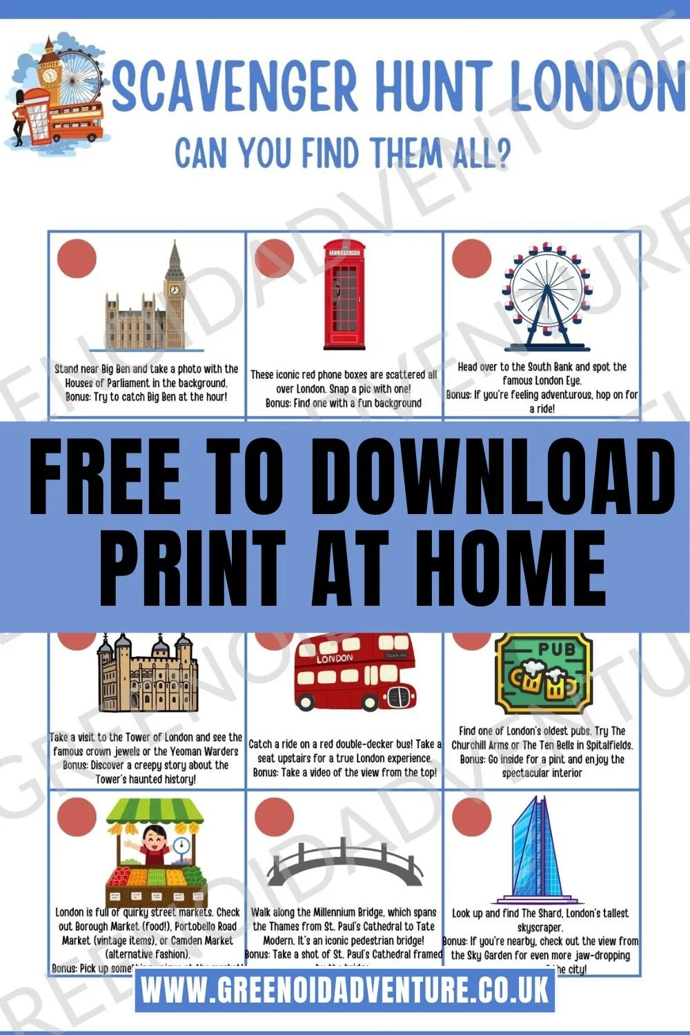 FREE LONDON SCAVENGER HUNT PRINTABLE — Greenoid Adventure