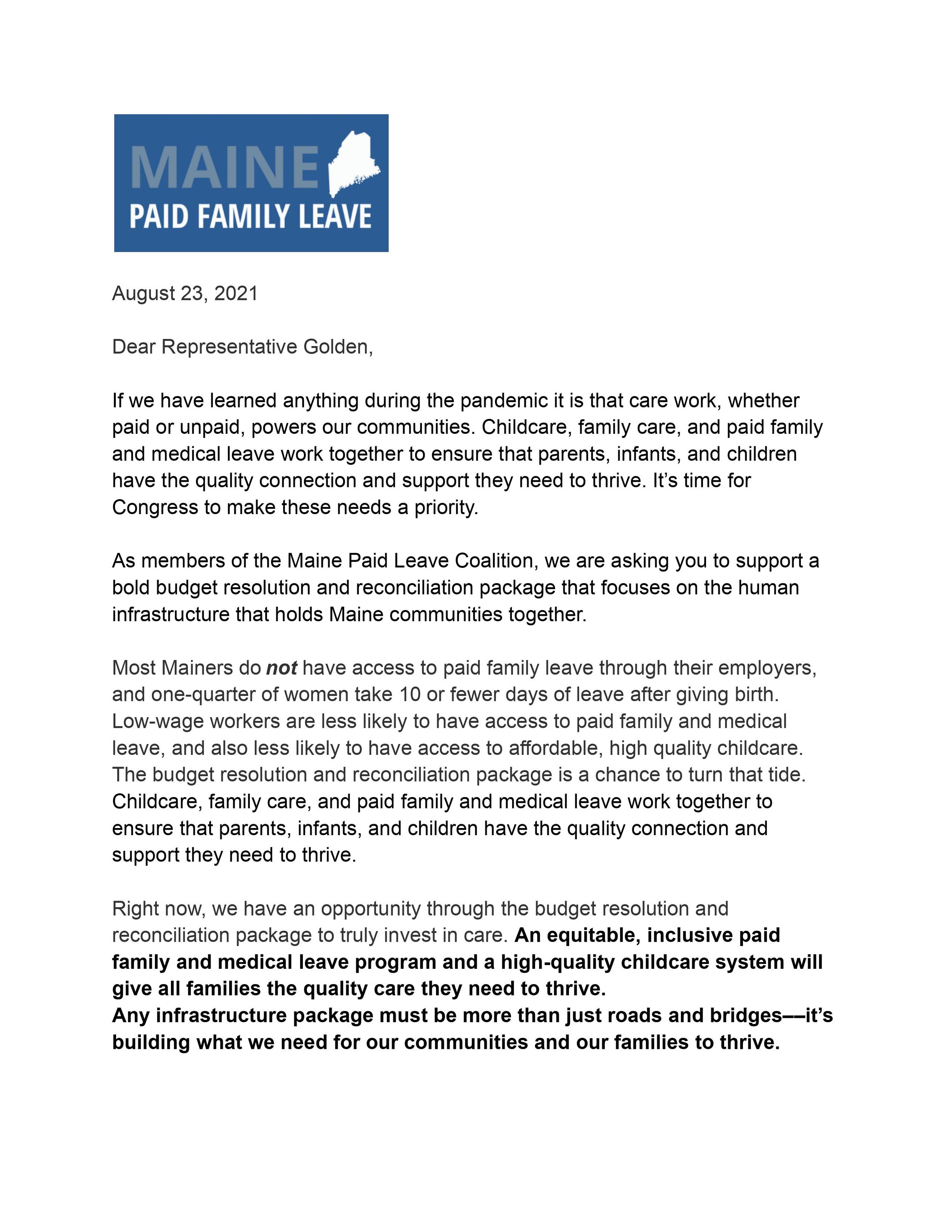 MWLEF PFML, GOLDEN LETTER — Maine Women's Lobby