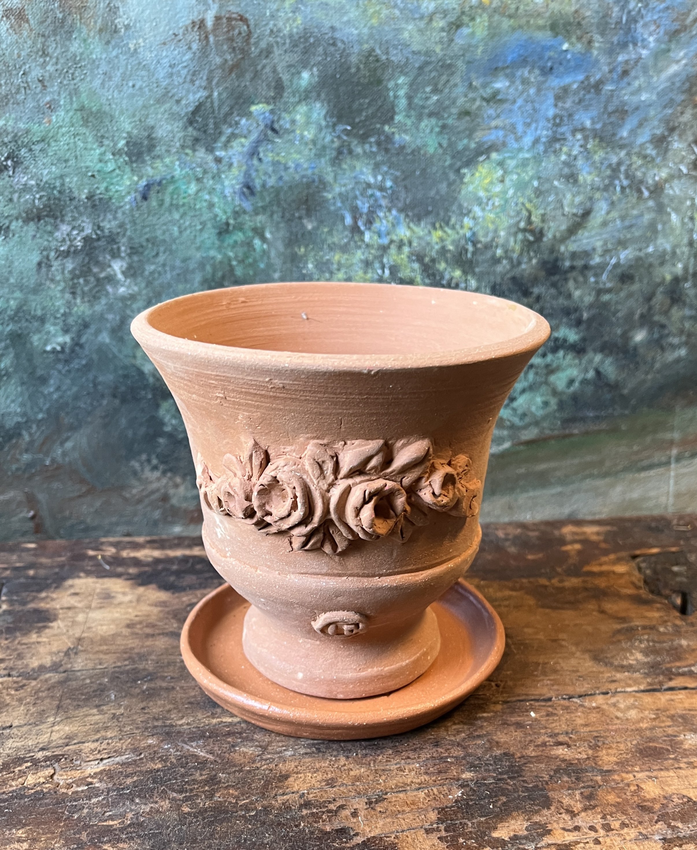 Terra Cotta Footed Vessel with Roses No.1 — CE FINE ART STUDIO