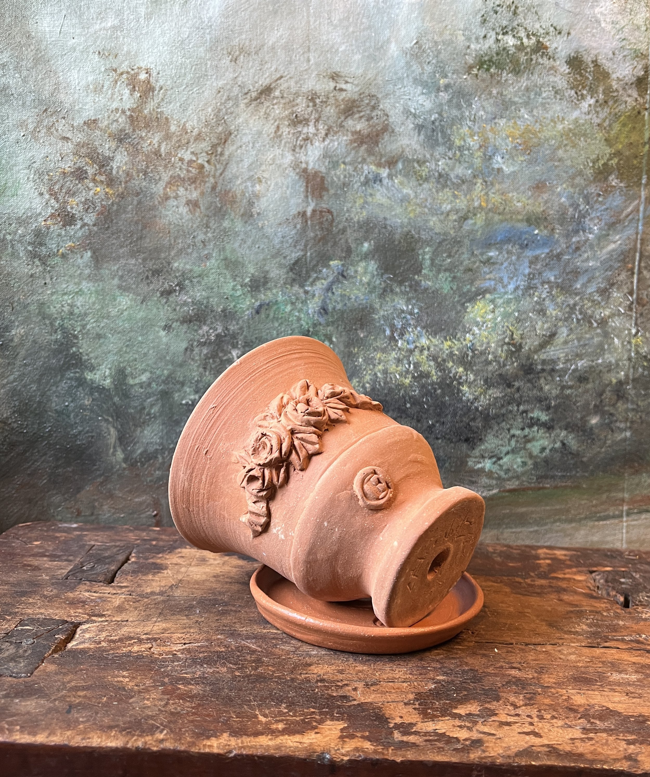 Terra Cotta Footed Vessel with Roses No.1 — CE FINE ART STUDIO