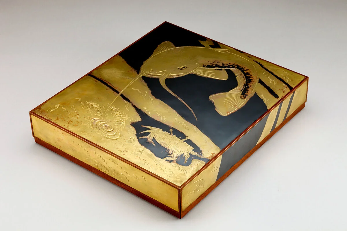 Osuga Takashi Ornamental Box with Designs of a Catfish, Waterweeds ...