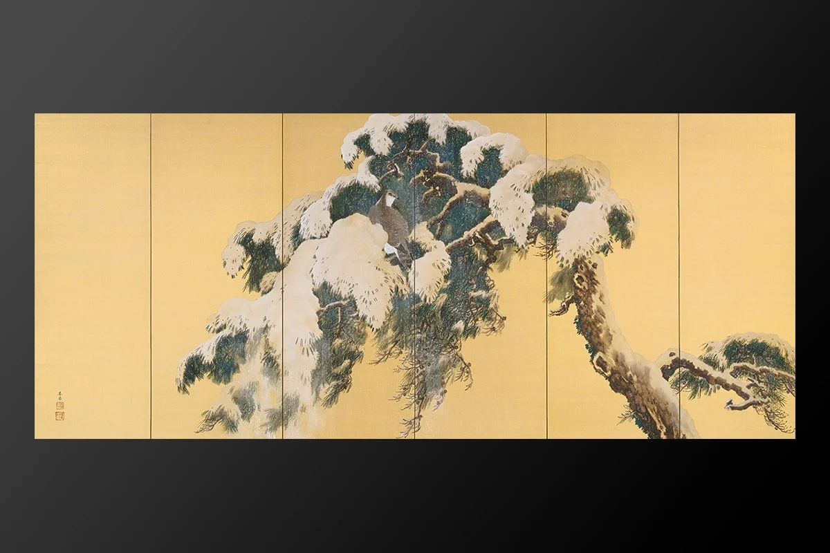 Yamamoto Shunkyo, 1924, Pair of Byobu with Hawk & Snow on Pines ...