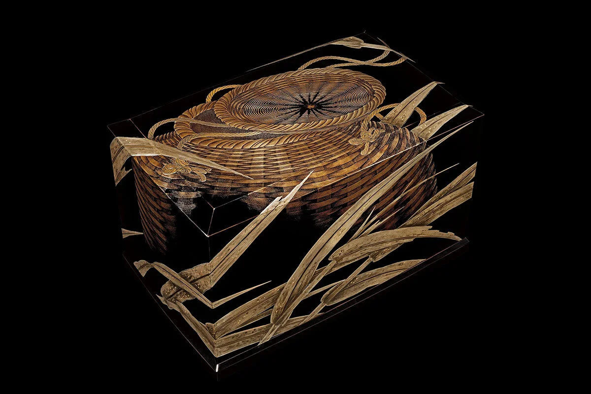 Terai Naoji, 1943 Exhibition, Lacquer Tebako with Marsh Grasses & Creel ...