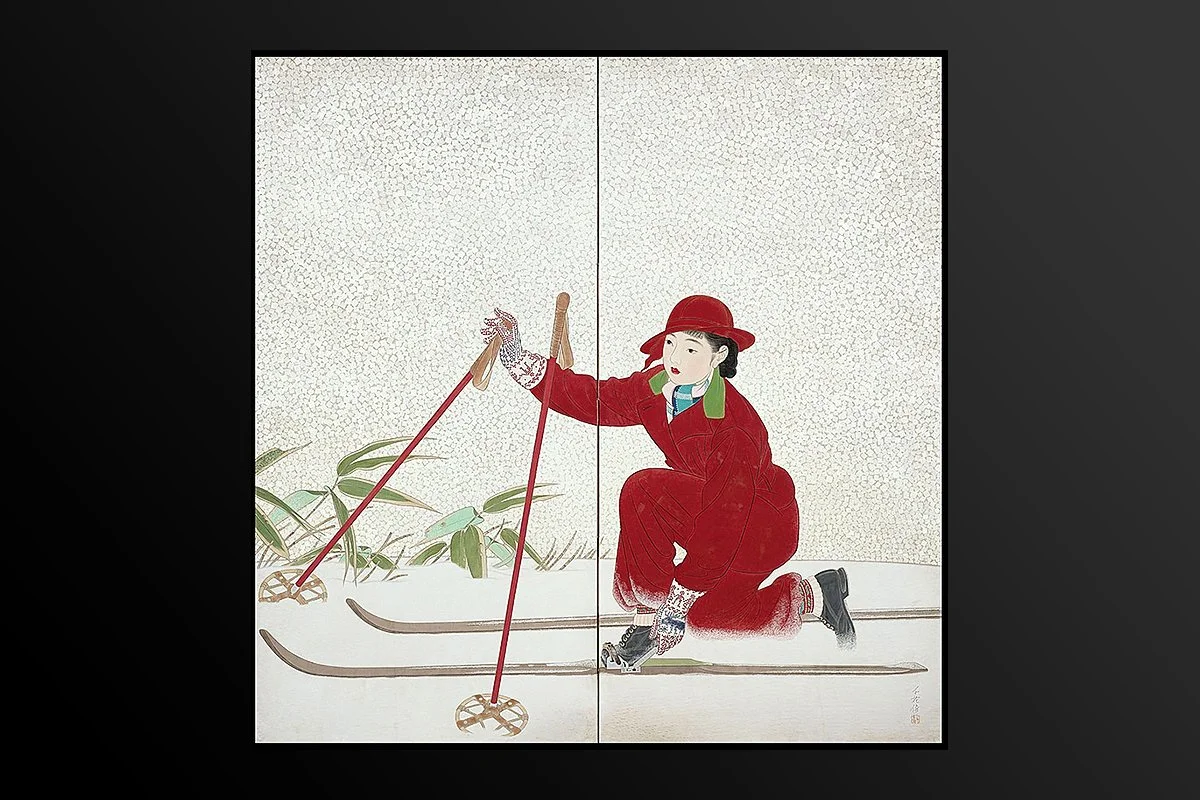 Enomoto Chikatoshi, Byobu with Young Beauty Adjusting Her Skis — KAGEDO JAPANESE ART