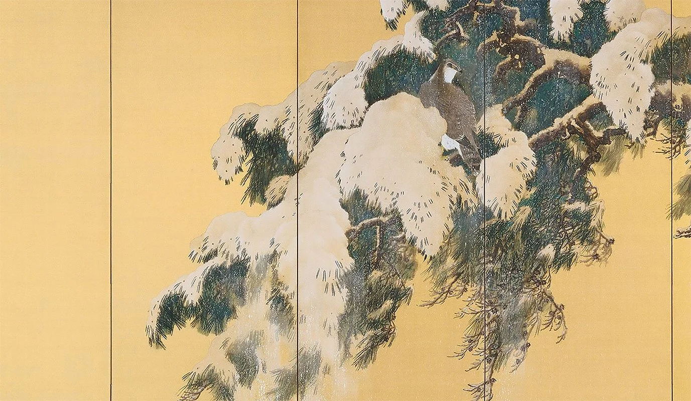 Yamamoto Shunkyo, 1924, Pair of Byobu with Hawk & Snow on Pines — KAGEDO JAPANESE ART