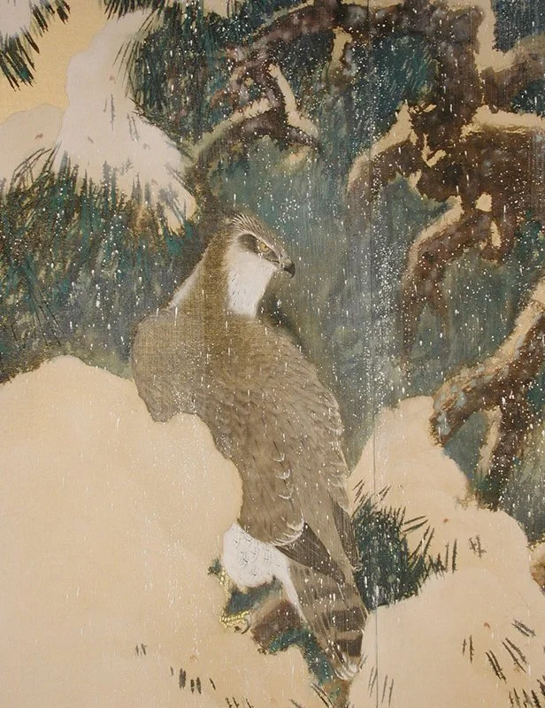Yamamoto Shunkyo, 1924, Pair of Byobu with Hawk & Snow on Pines ...