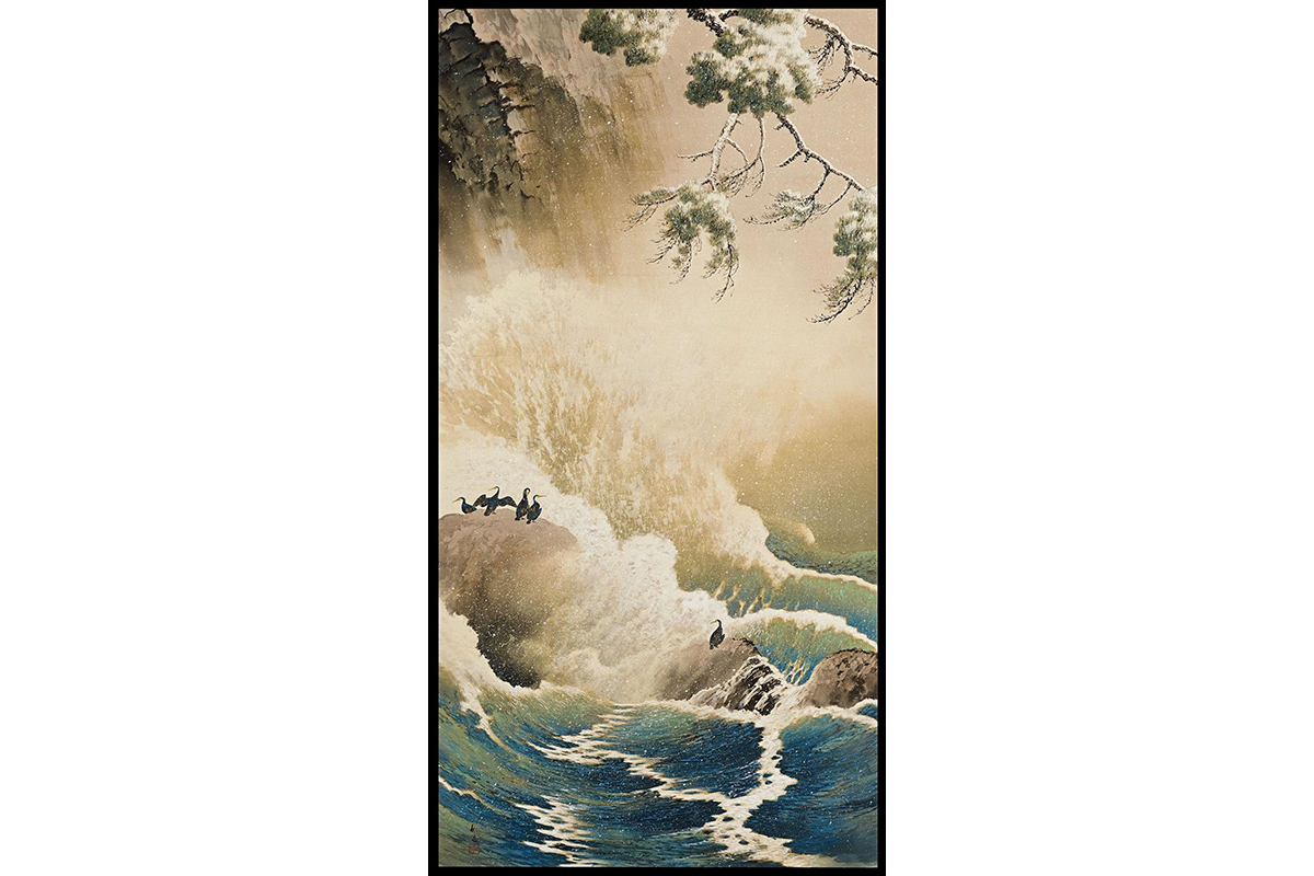 Nishii Keigaku, 1928 Painting of Winter Surf & Cormorants on Rocks ...