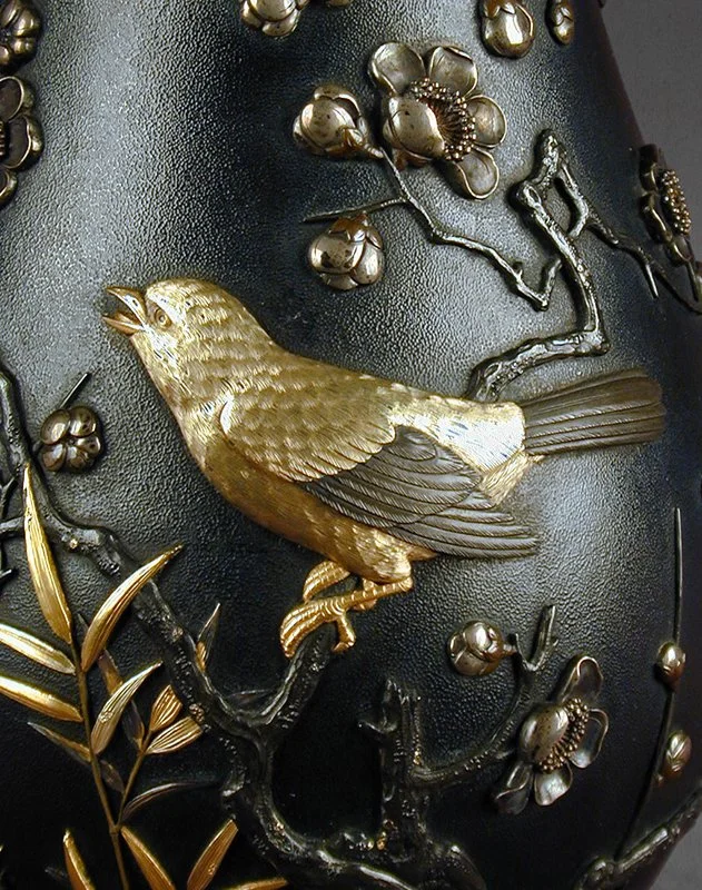 Hagiya Katsuhira, Pair of Carved & Inlaid Shakudo Magnolia Vases ...