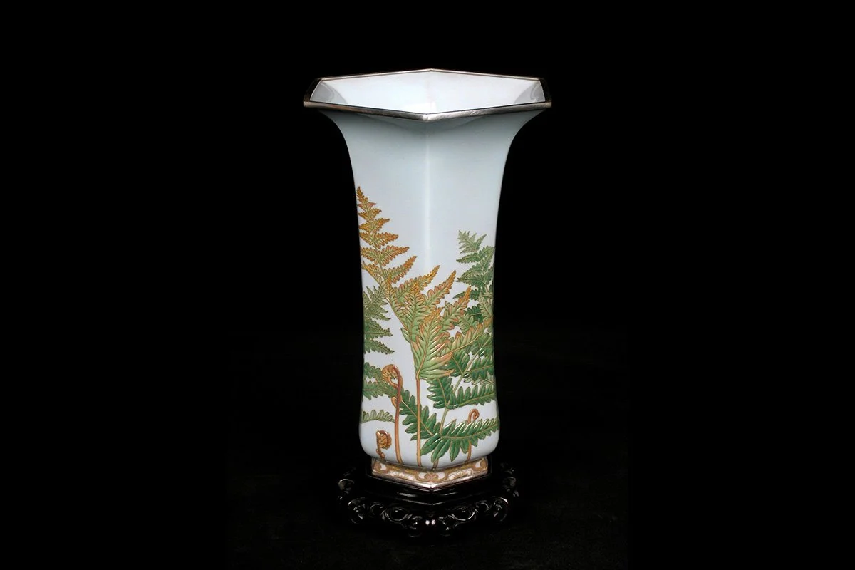 Hattori Tadasaburo, Hexagonal Enamel Fern Vase — KAGEDO JAPANESE ART