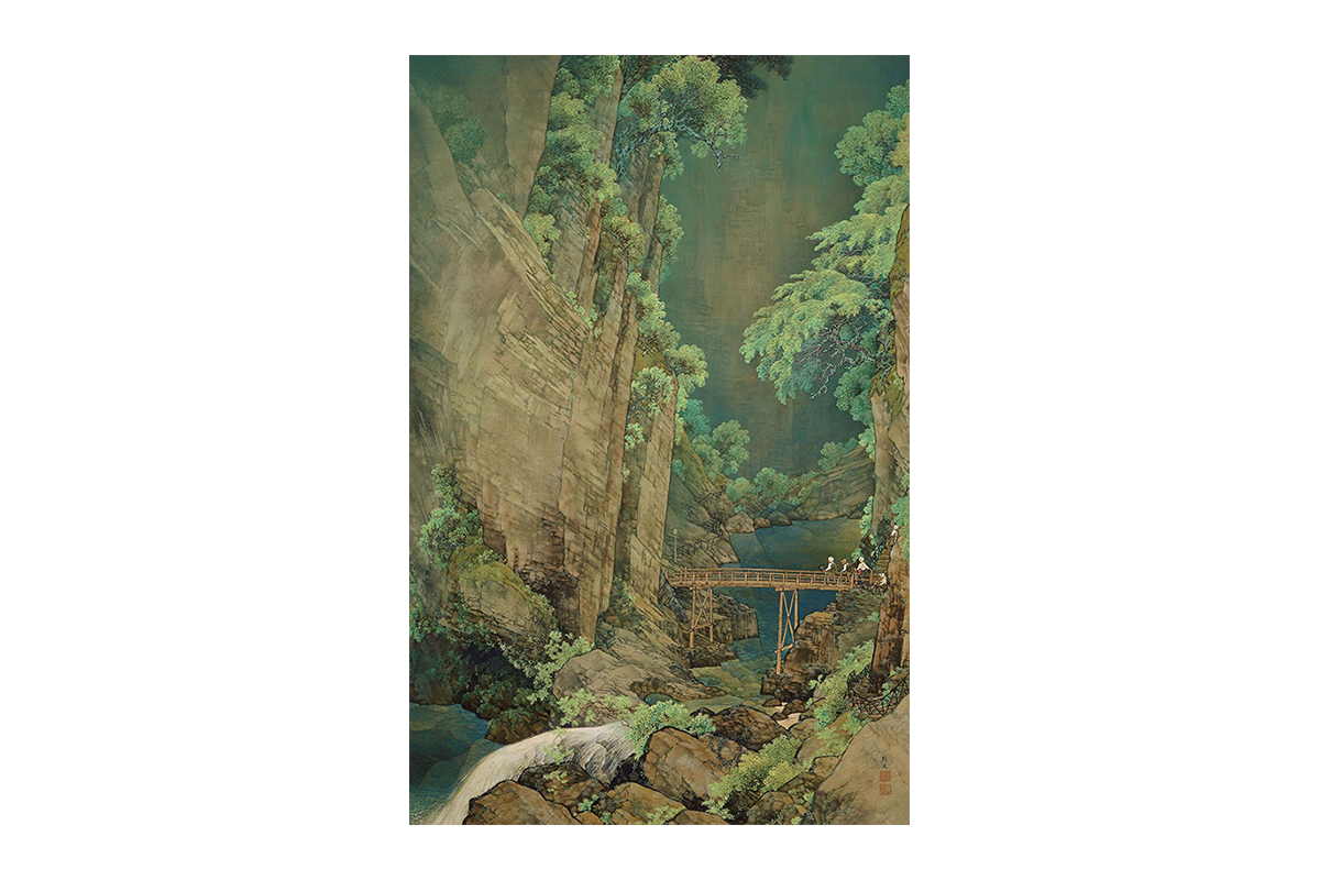 Shoda Kakuyu, 1933 Teiten Painting of Hikers in a Gorge, Titled: Green ...