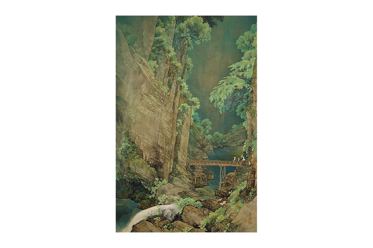Shoda Kakuyu, 1933 Teiten Painting of Hikers in a Gorge, Titled: Green ...