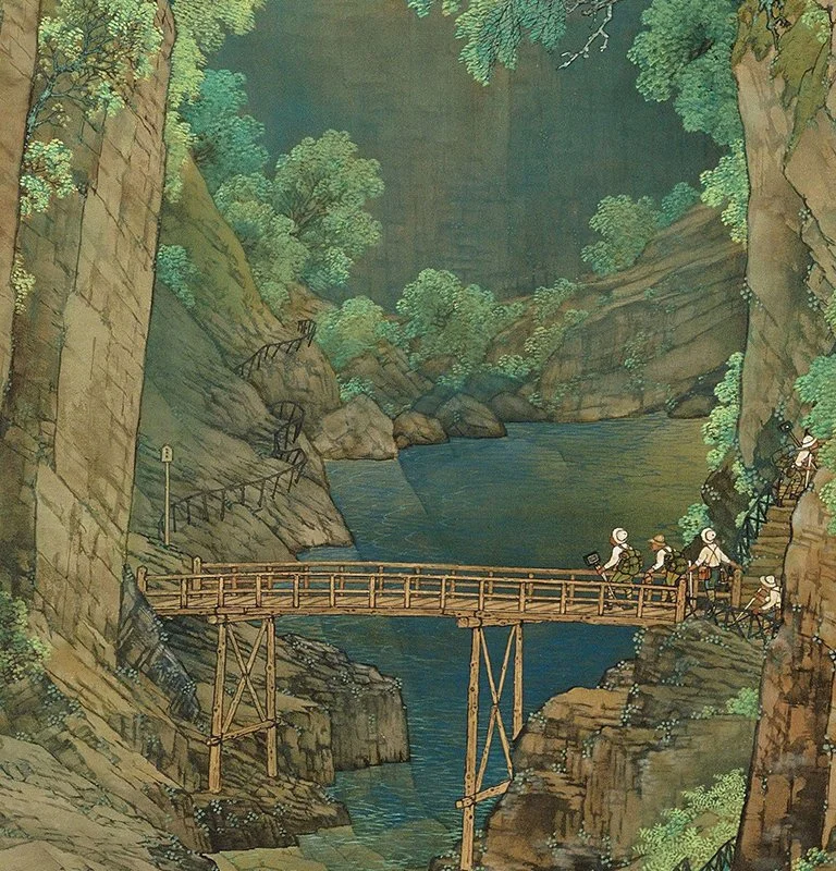 Shoda Kakuyu, 1933 Teiten Painting of Hikers in a Gorge, Titled: Green ...