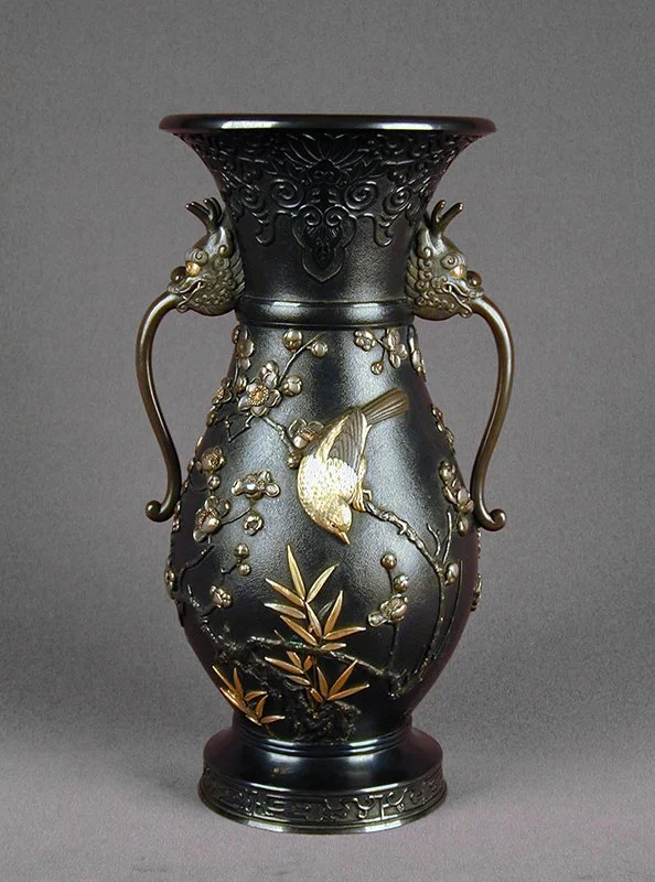 Hagiya Katsuhira, Pair of Carved & Inlaid Shakudo Magnolia Vases ...