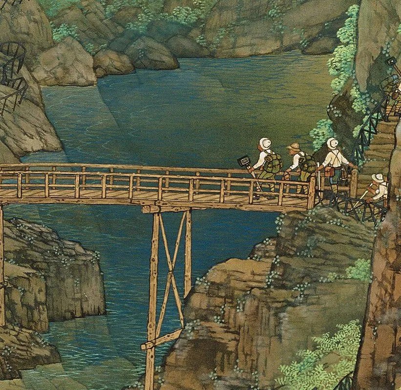 Shoda Kakuyu, 1933 Teiten Painting of Hikers in a Gorge, Titled: Green ...