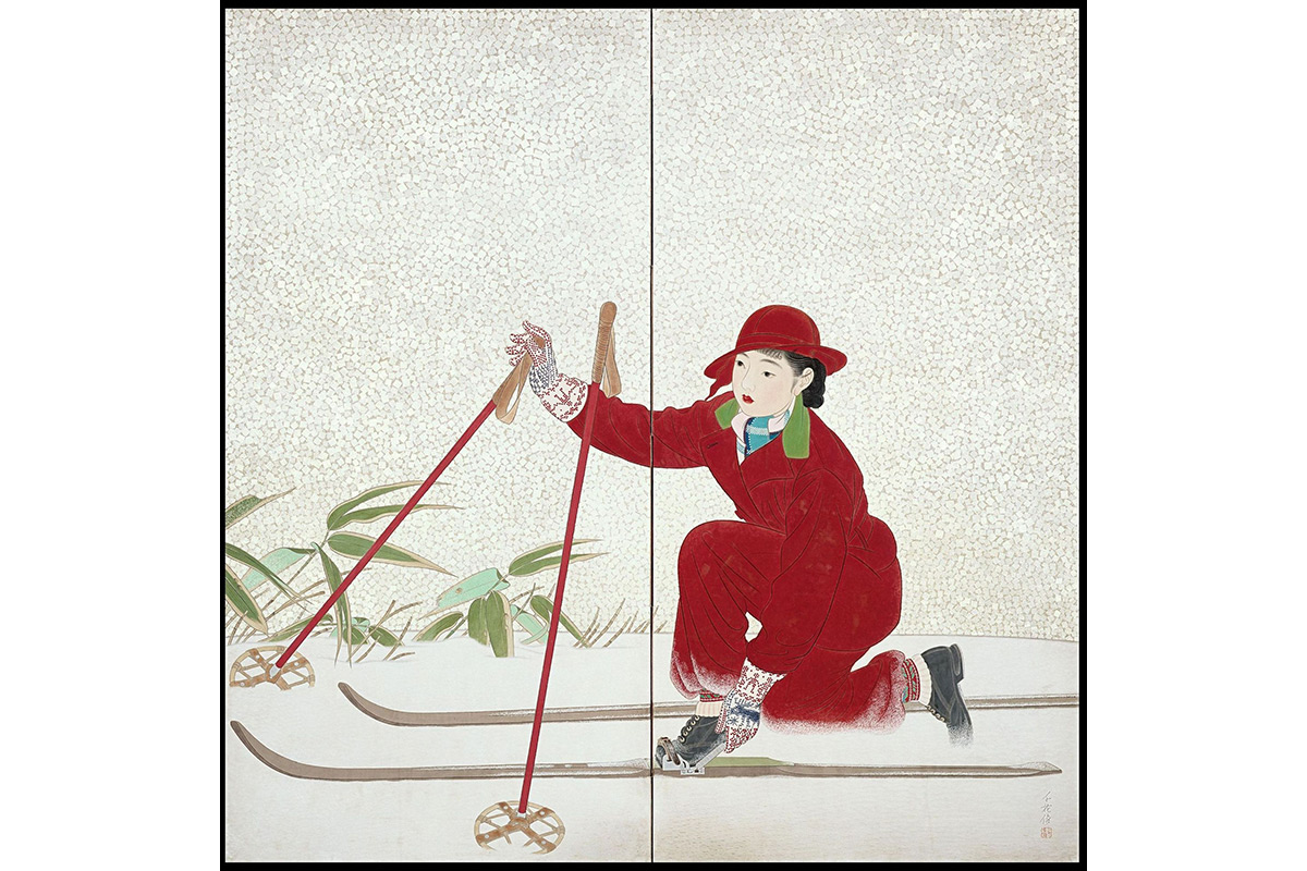 Enomoto Chikatoshi, Byobu with Young Beauty Adjusting Her Skis — KAGEDO JAPANESE ART