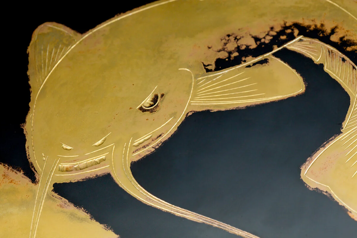 Osuga Takashi Ornamental Box with Designs of a Catfish, Waterweeds ...