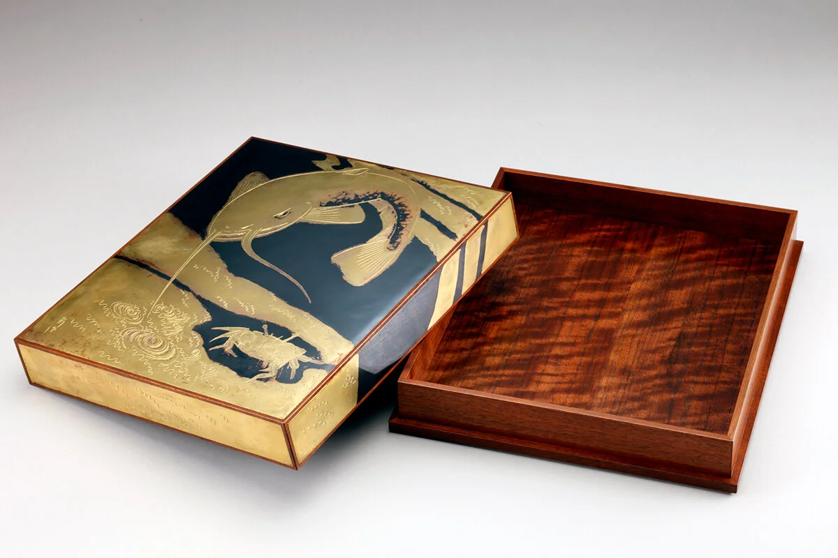 Osuga Takashi Ornamental Box with Designs of a Catfish, Waterweeds ...