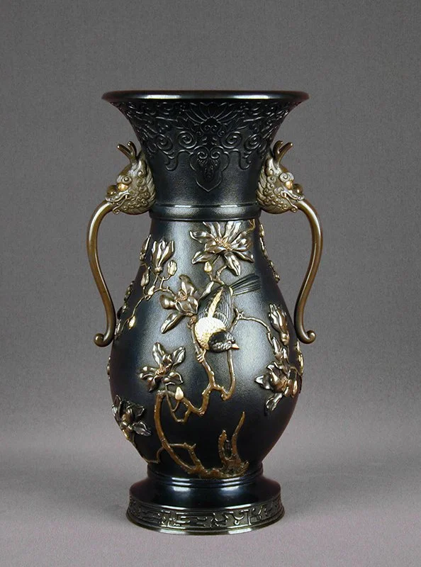 Hagiya Katsuhira, Pair of Carved & Inlaid Shakudo Magnolia Vases ...