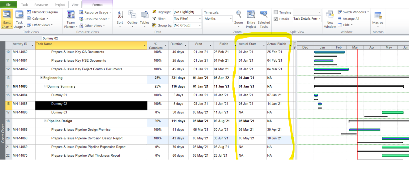 Assign Actual Dates in Microsoft Project using Task Details Form