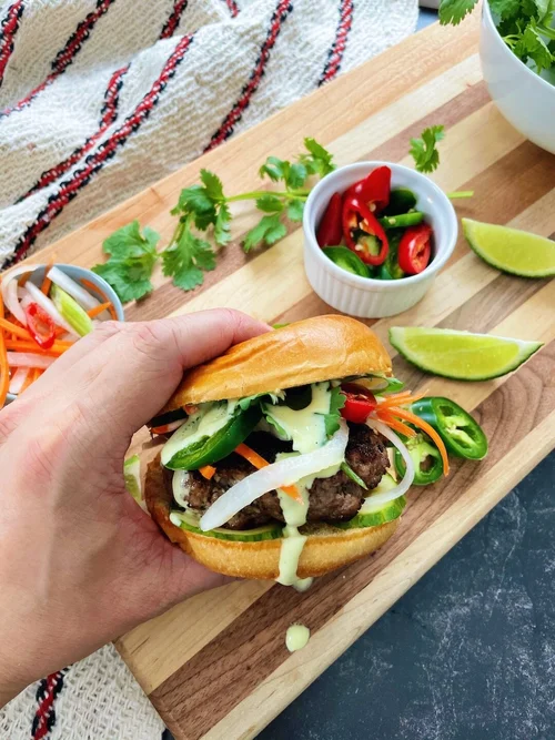 Vietnamese Banh Mi Burger with Cilantro-Maggi Mayo — WHISKEY & BOOCH