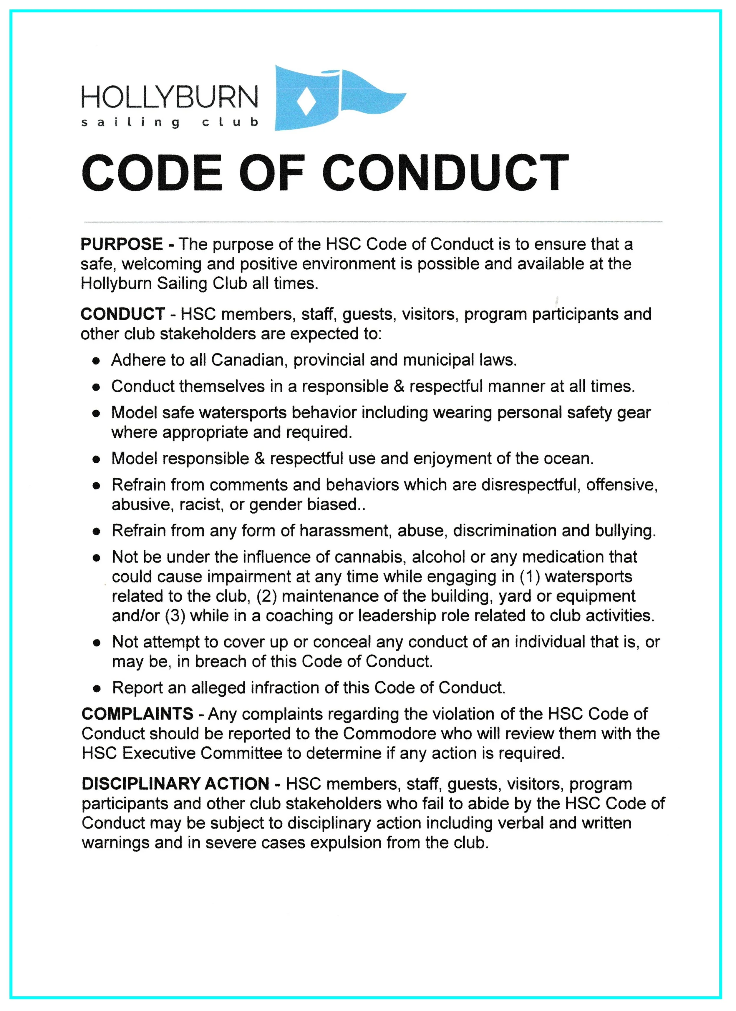 HSC approves New Code of Conduct. — Hollyburn Sailing Club