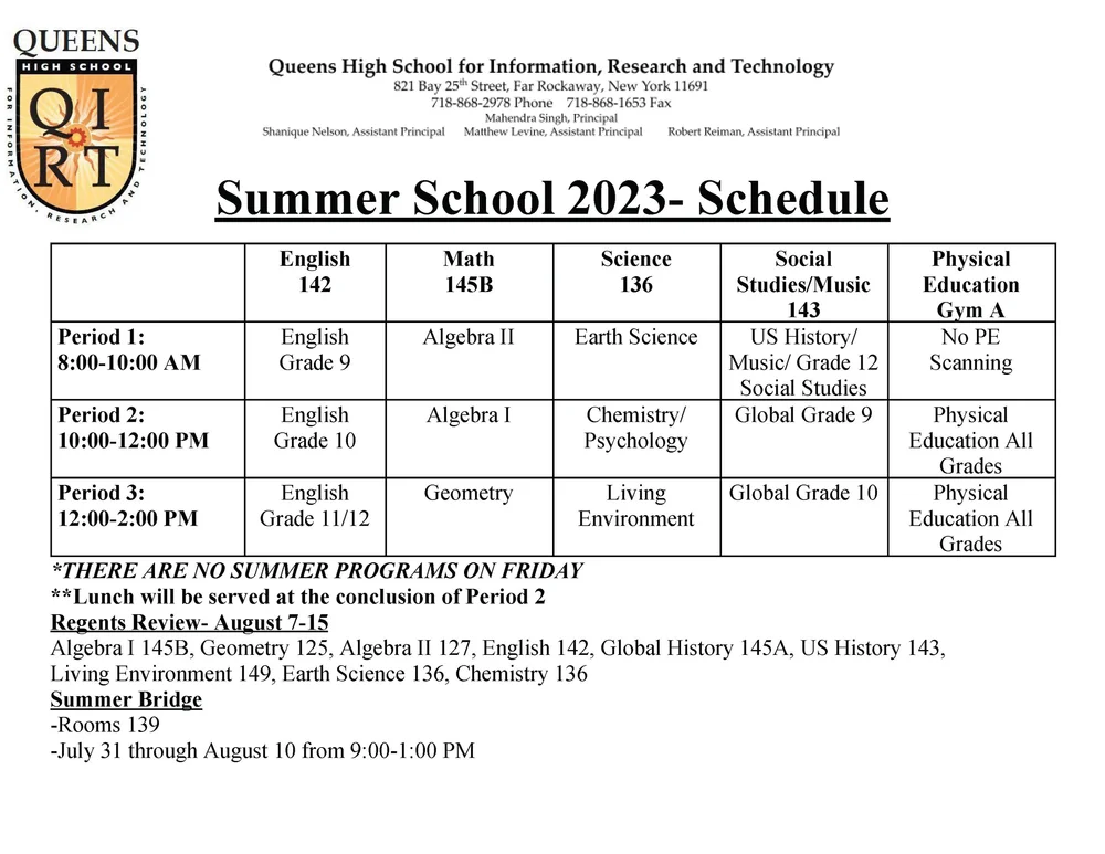 Summer School Calendar — QIRTNYC