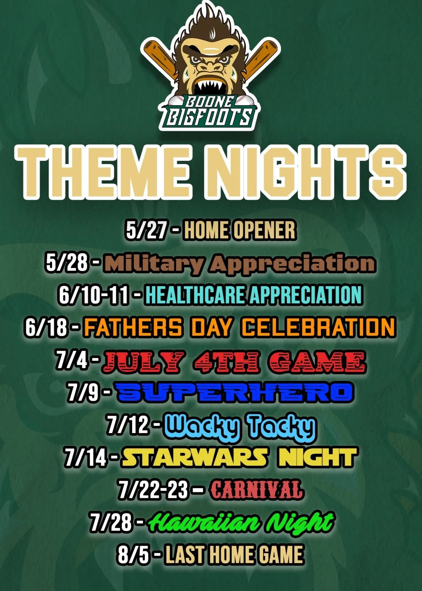 Schedule — Bigfoots Baseball