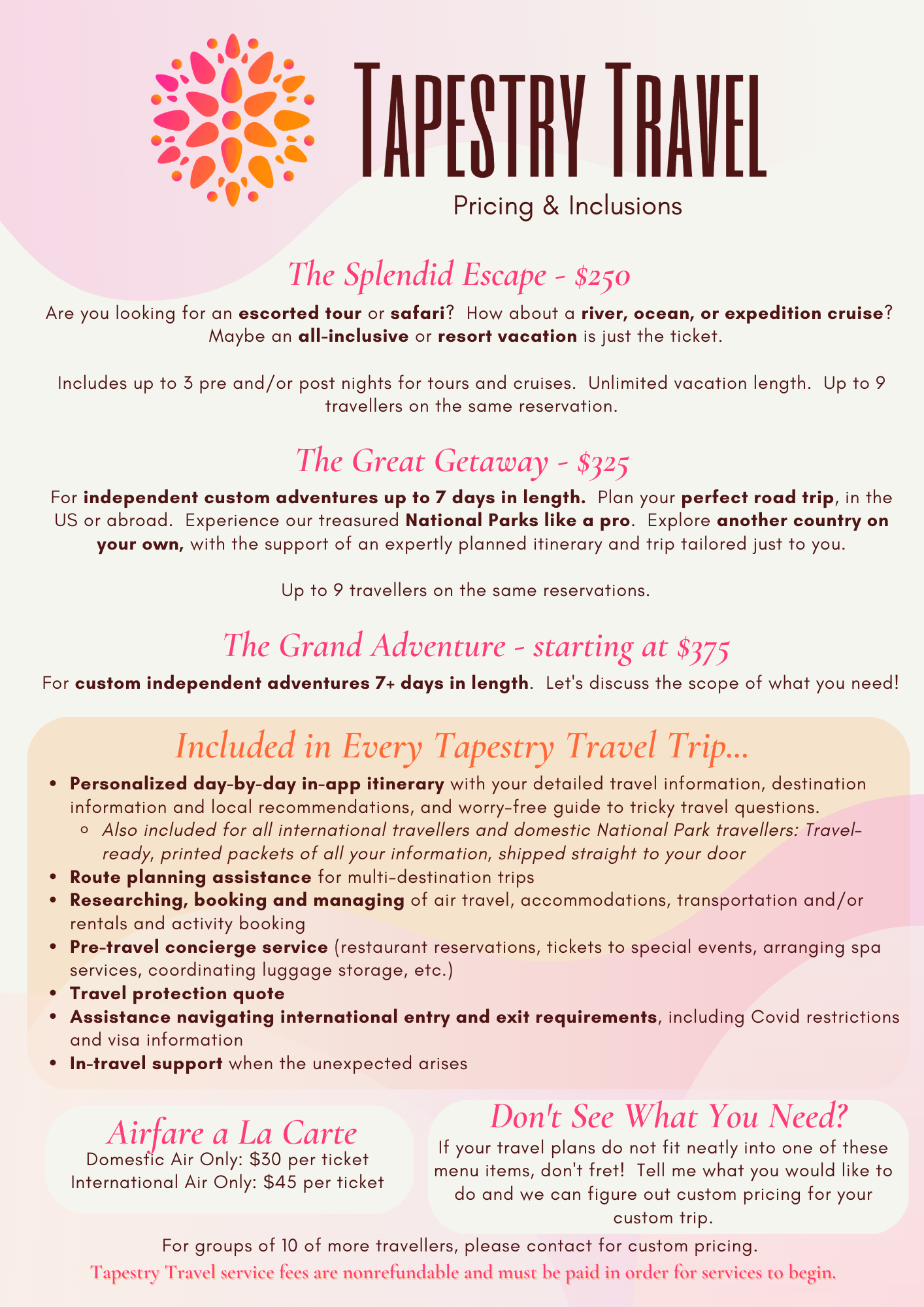 Tapestry Travel Travel Planning Service Menu — Tapestry Travel