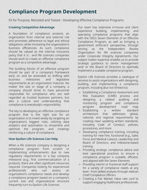 Compliance Program Development — Epsilon Life Sciences