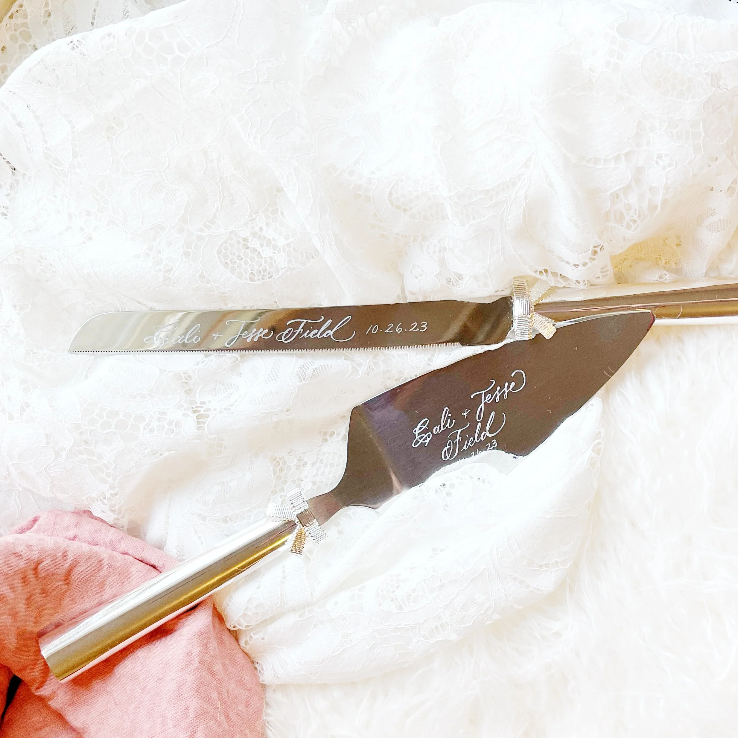 Custom Engraved Wedding Cake Knife and Cup — Simply Lettered Studio