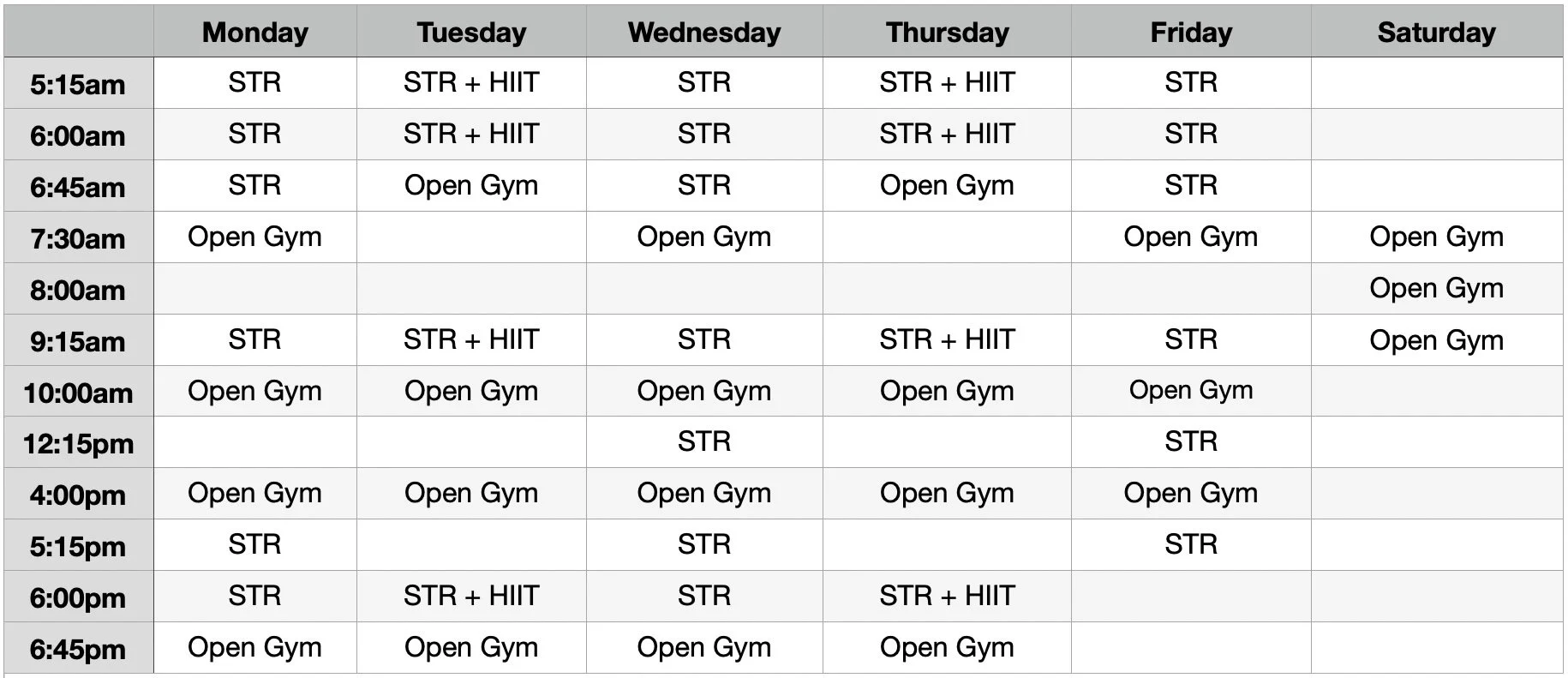 Group Training Timetable — FITA-U Performance Centre