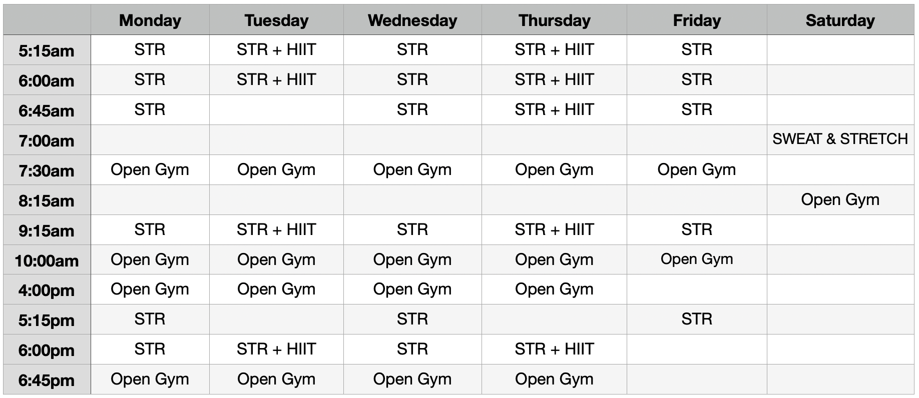 Group Training Timetable — FITA-U Performance Centre