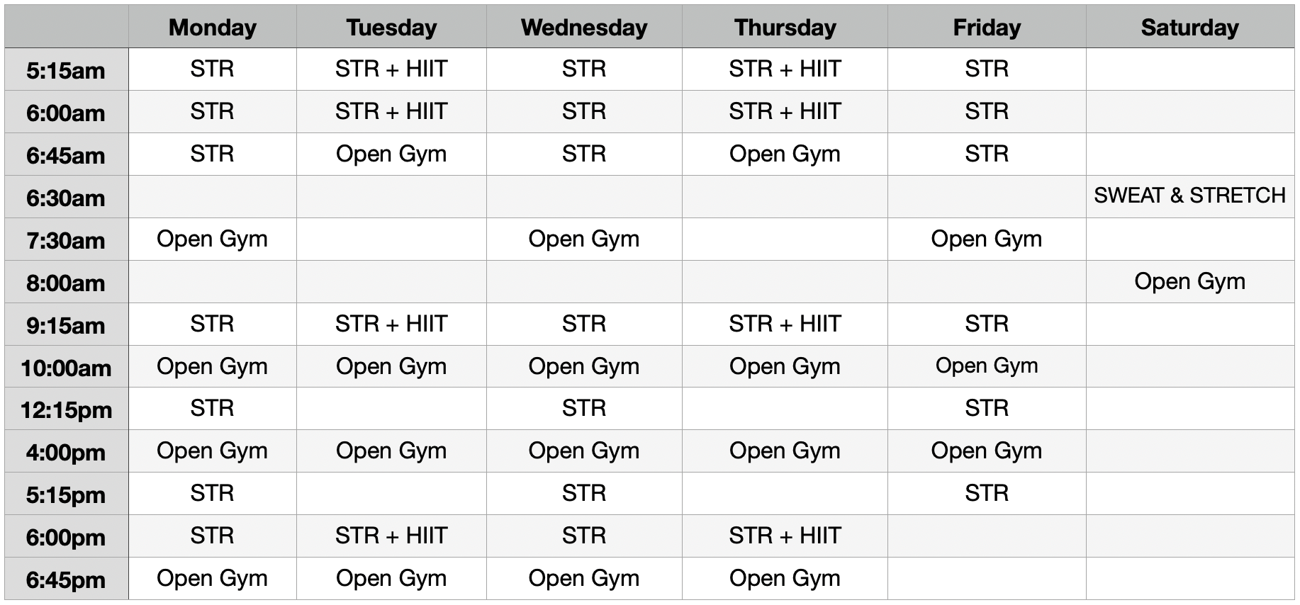 Group Training Timetable — FITA-U Performance Centre