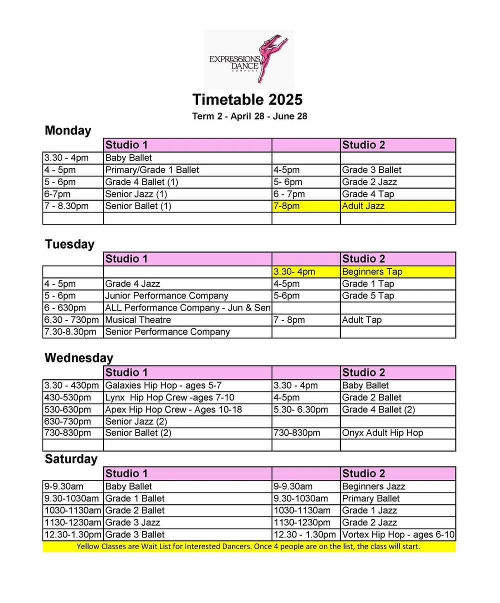 Our Timetable and Fees — Expressions Dance Company