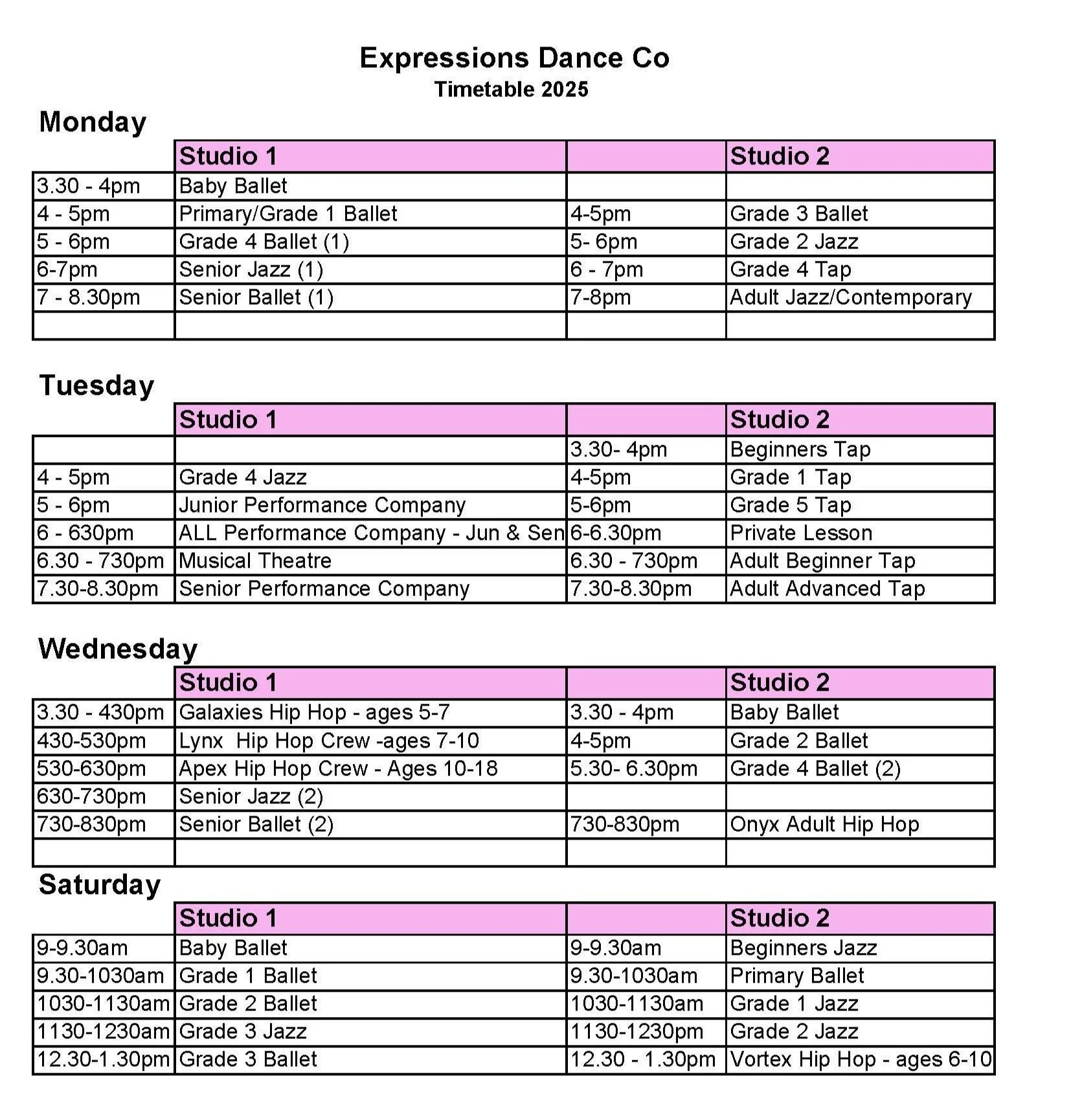 Our Timetable and Fees — Expressions Dance Company